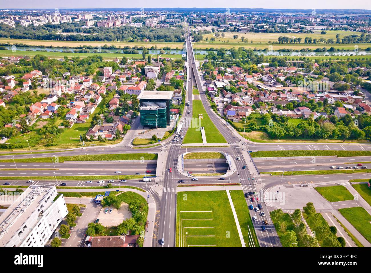 Zagreb. Aerial view of Zagreb and Sava river above fountains square ...
