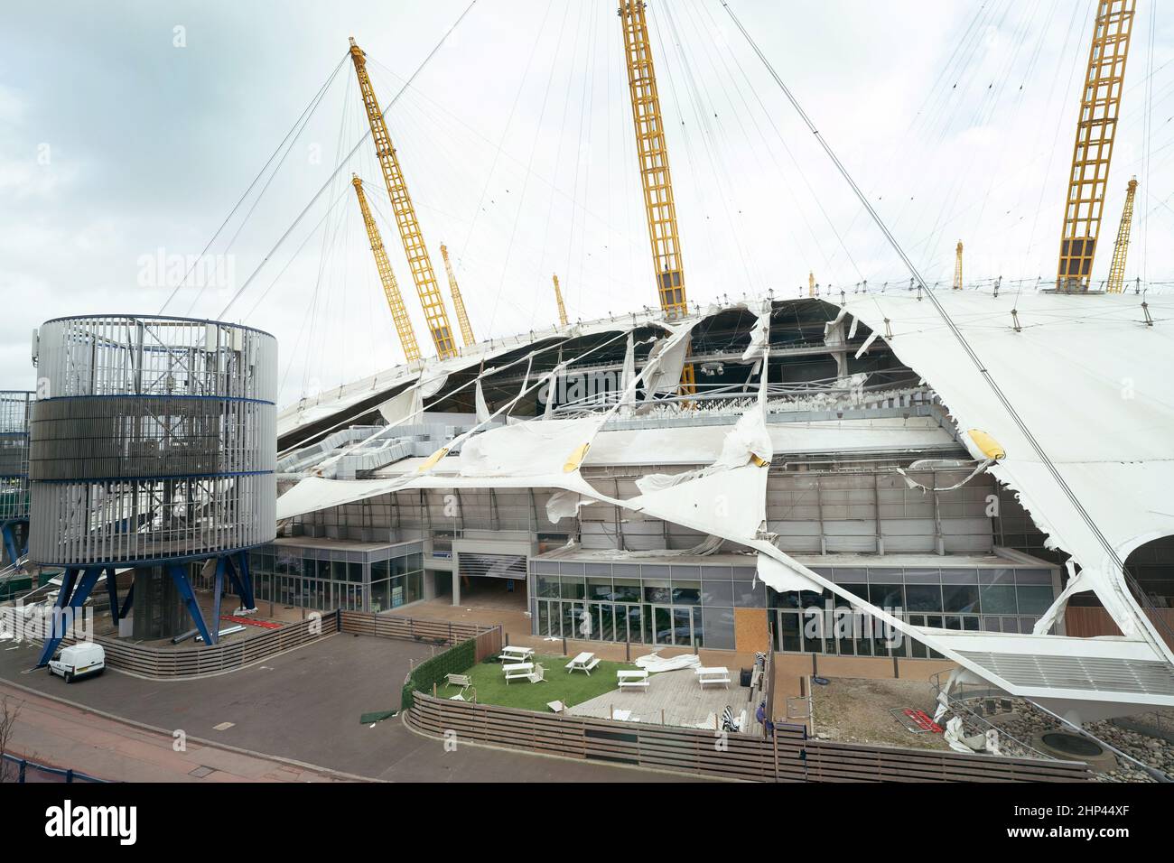 Damage to the roof of the O2 Arena, in south east London, caused by ...