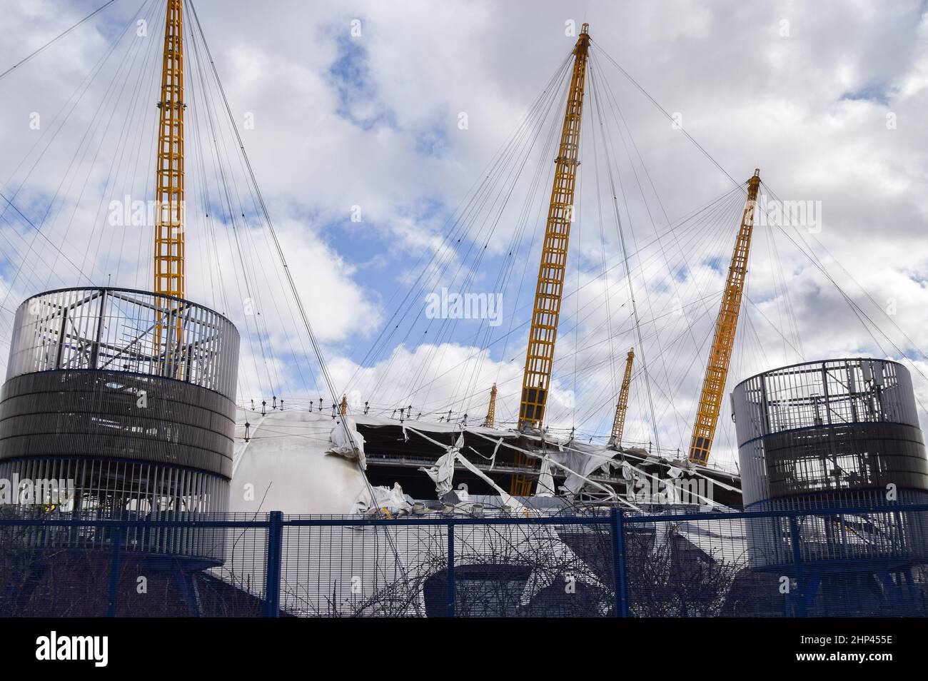 London, UK. 18th February 2022. Storm Eunice destroys part of the O2 ...