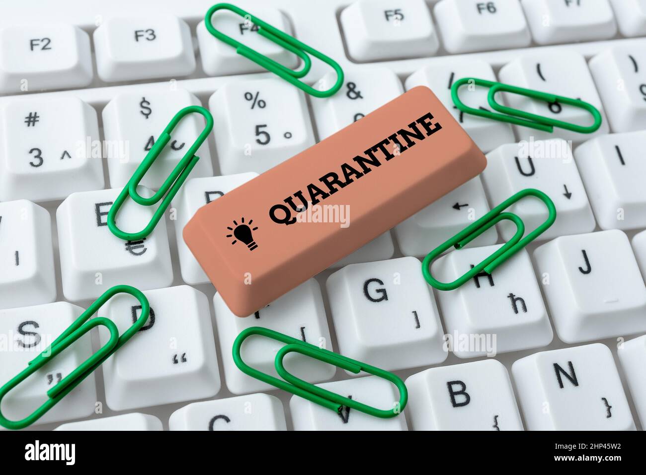 Text caption presenting Quarantine, Business concept restraint upon the ...