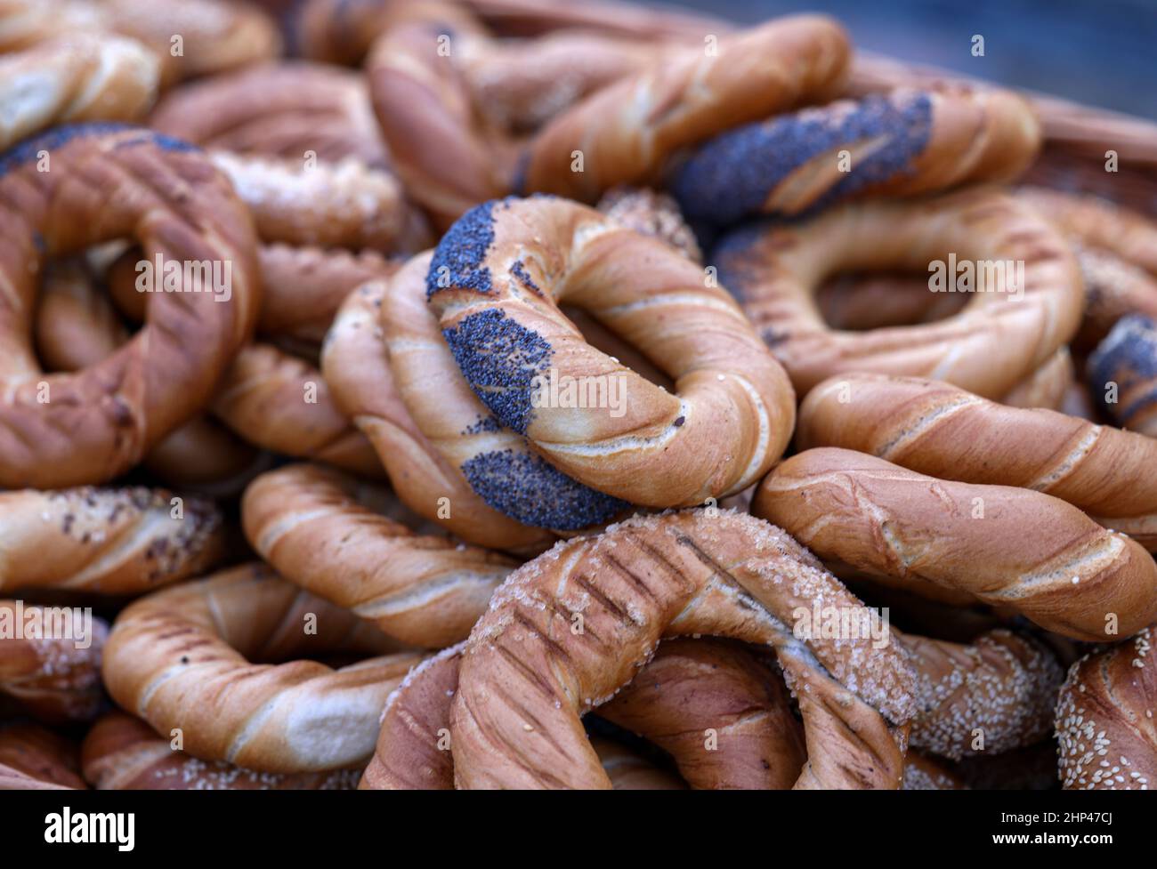 Traditional Cracovian prezels with salt, poppy and sesame seeds Stock ...