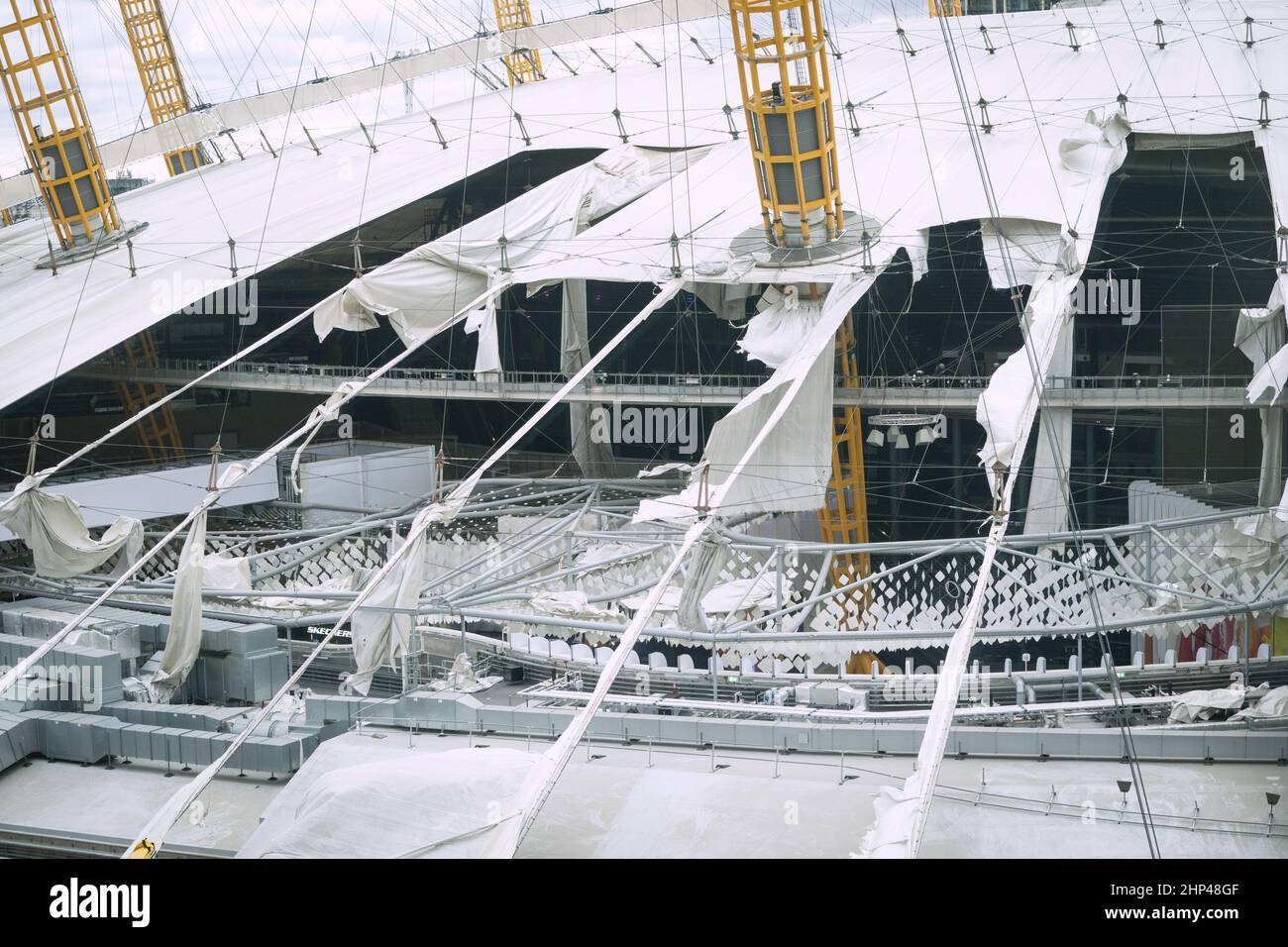 Damage to the roof of the O2 Arena, in south east London, caused by ...
