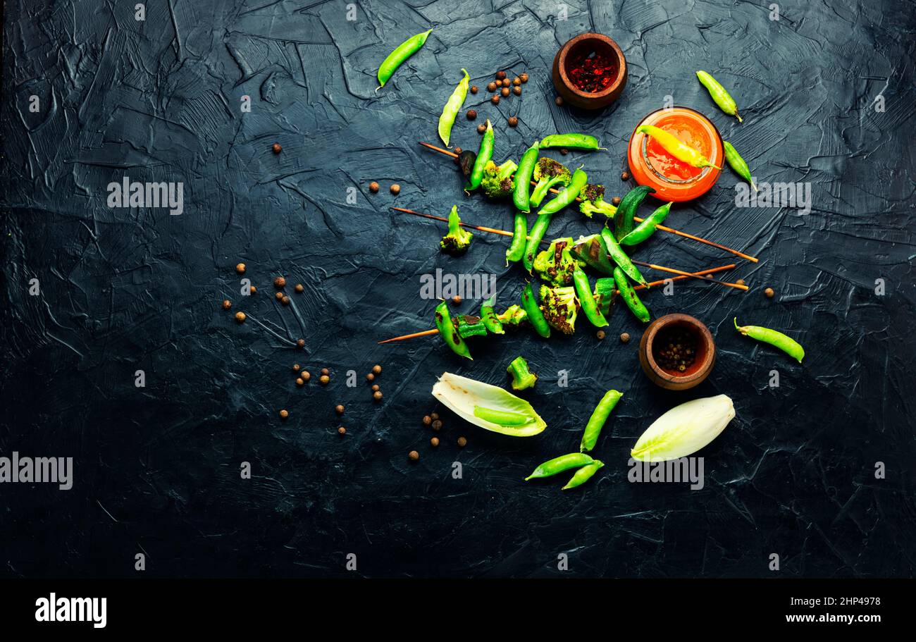 Vegetable kebab with broccoli, green peas and okra.Roasted vegetables ...