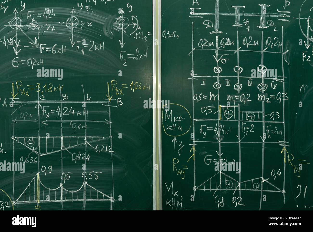 Board with chalk. Formulas, numbers and graphs with drawings are ...