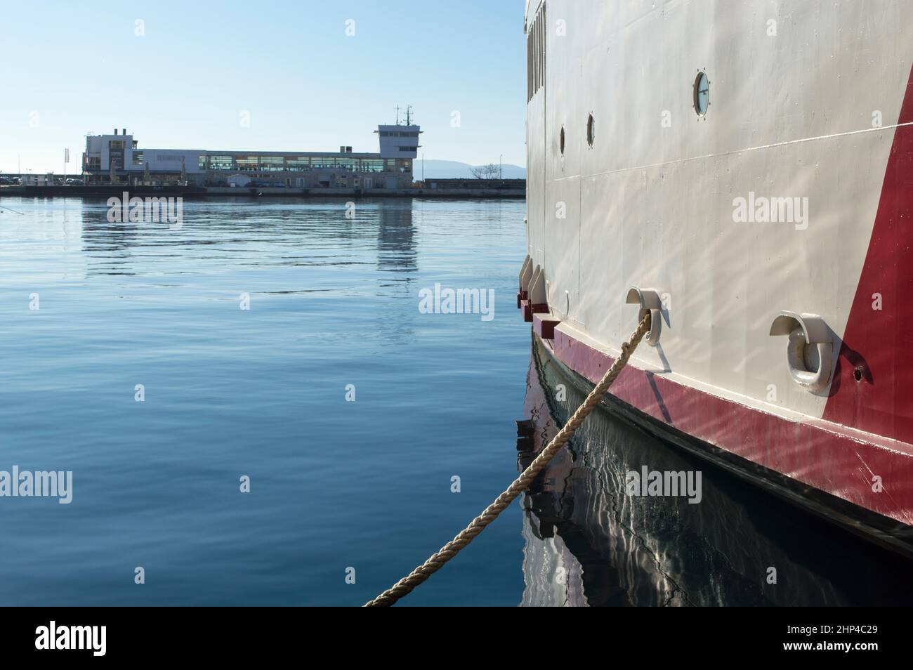 Rijeka, Croatia - Ship moored in the port and view on the ferry ...
