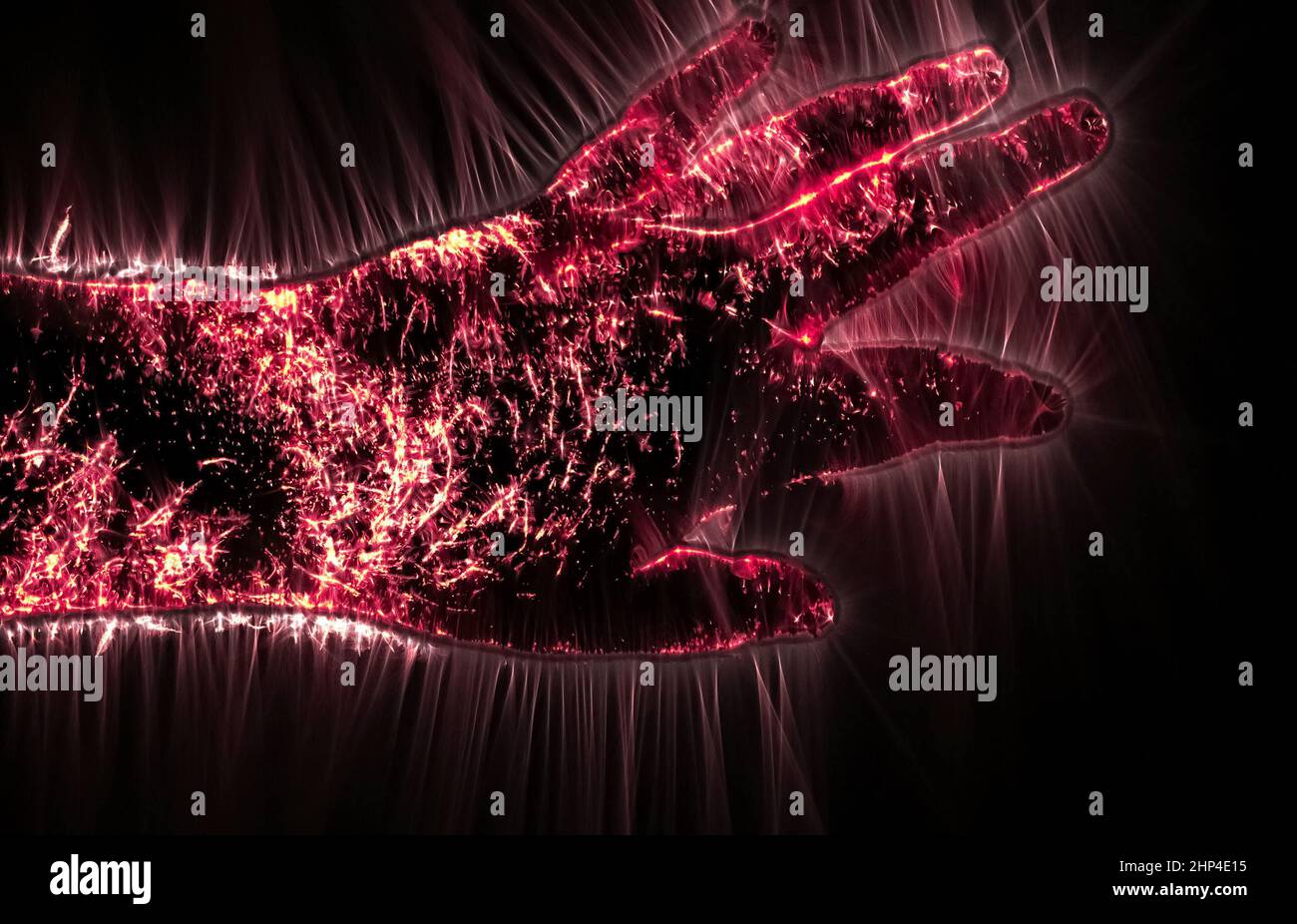 3D-Illustration of a glowing human male hand with a kirlian aura ...