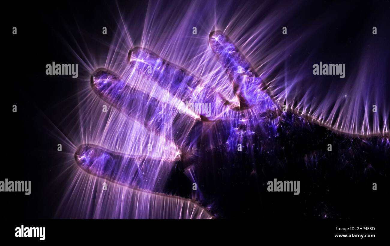 3D-Illustration of a glowing human male hand with a kirlian aura ...
