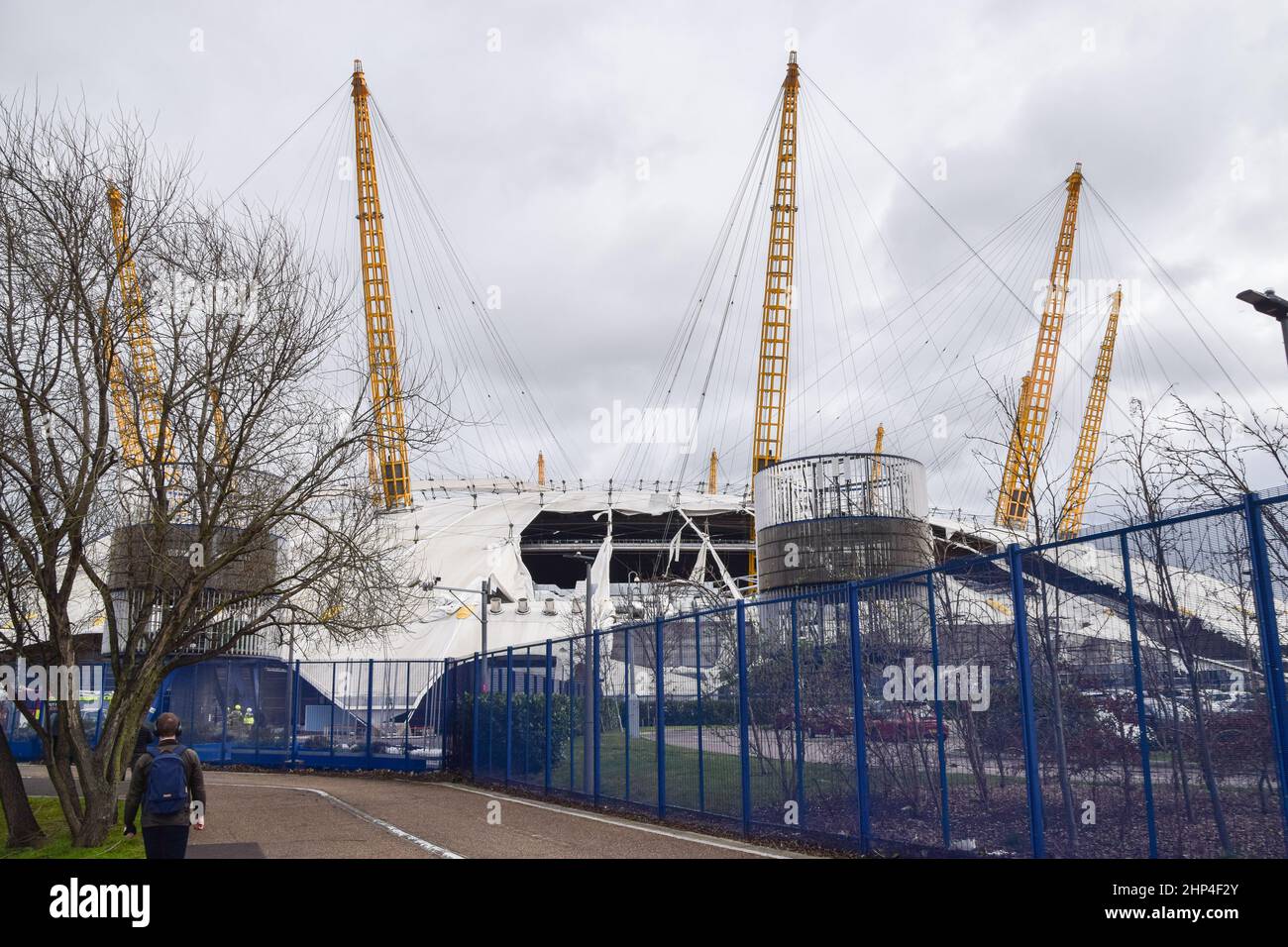 London, UK. 18th Feb, 2022. Part of the O2 Arena dome is destroyed as ...