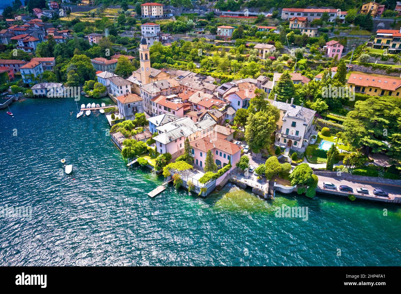 Laglio. Idyllic town of Laglio and Como lake waterfront aerial view ...