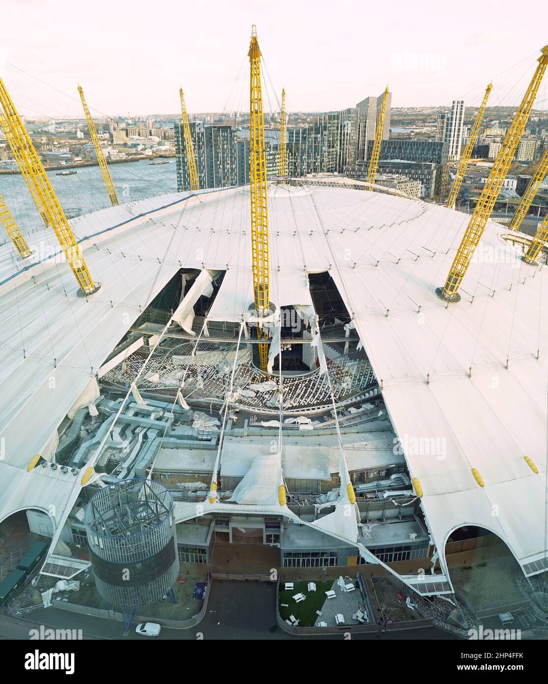 Damage to the roof of the O2 Arena, in south east London, caused by ...
