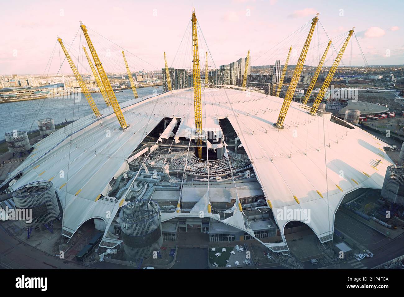 Damage to the roof of the O2 Arena, in south east London, caused by ...
