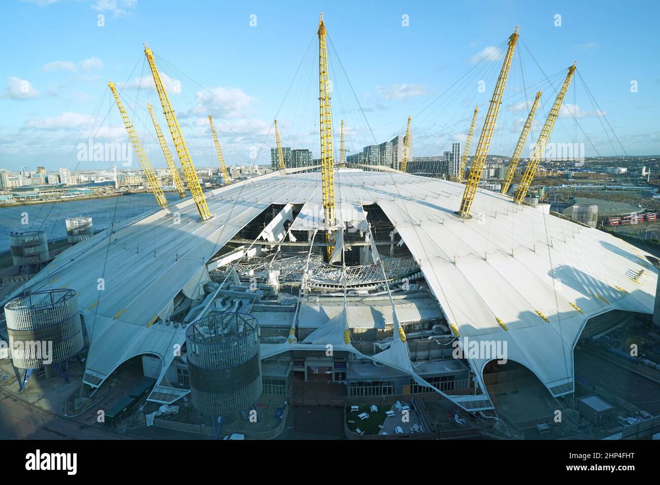 Damage to the roof of the O2 Arena, in south east London, caused by ...