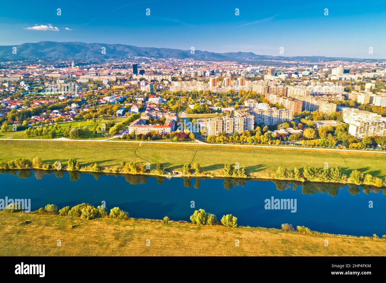 Zagreb. Aerial view of Sava river and city of Zagreb panorama, capital ...