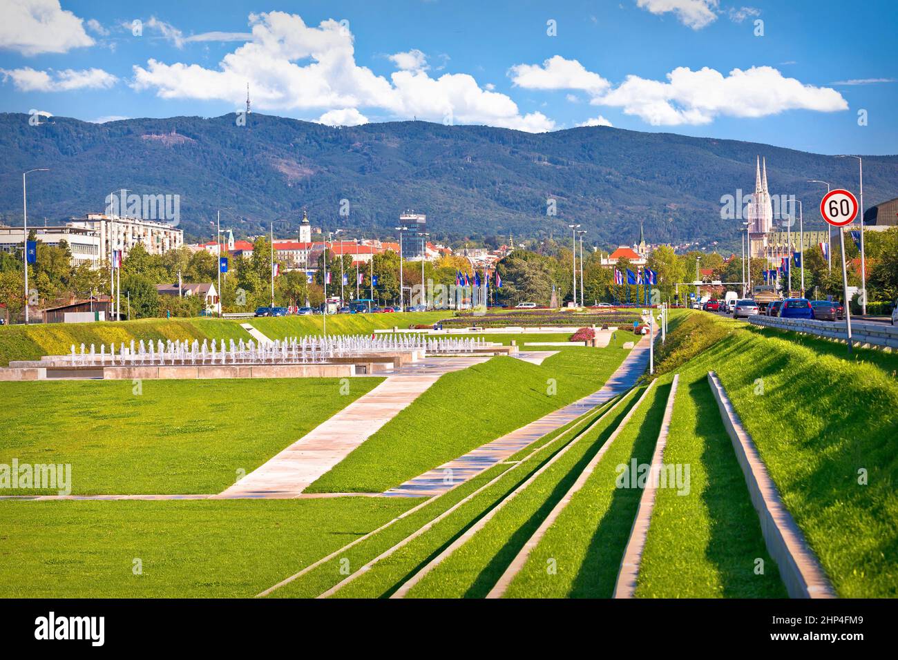 Fountains square meadow and capital city of Zagreb landmarks view ...