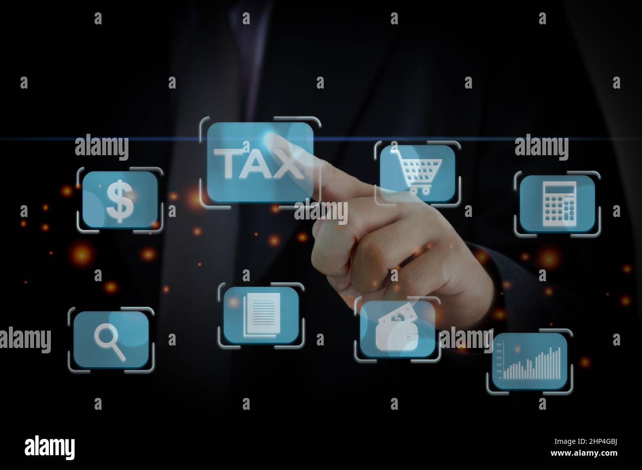 Tax payment concept. Businessman touching tax financial virtual button ... Tax payment concept. Businessman touching tax financial virtual button ...