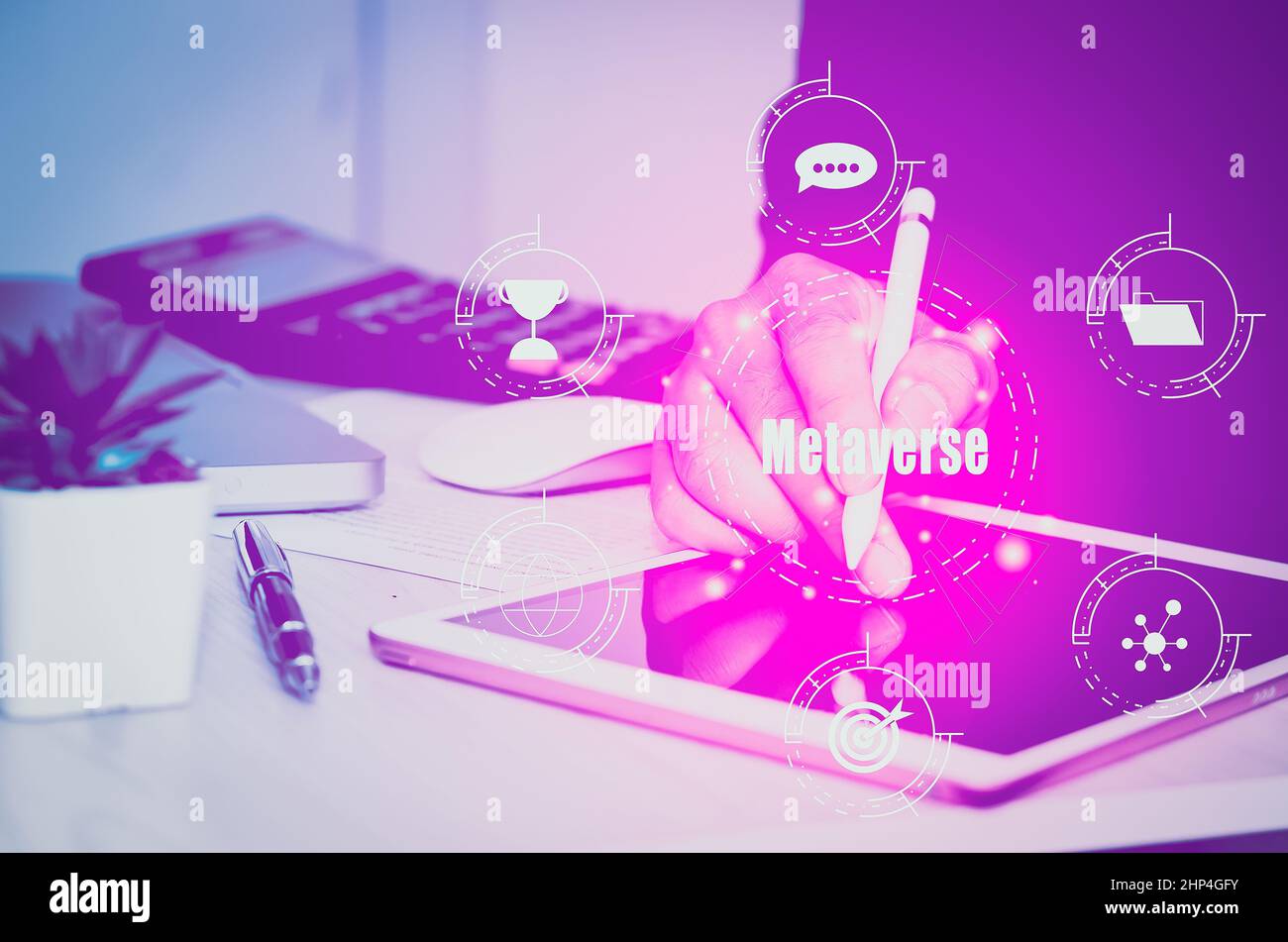 Hand use tablet digital virtual futuristic interface metaverse ...