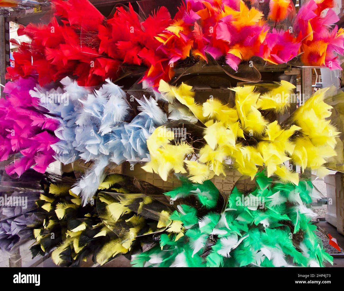 Birch twigs with feathers in many different colors as decoration during ...