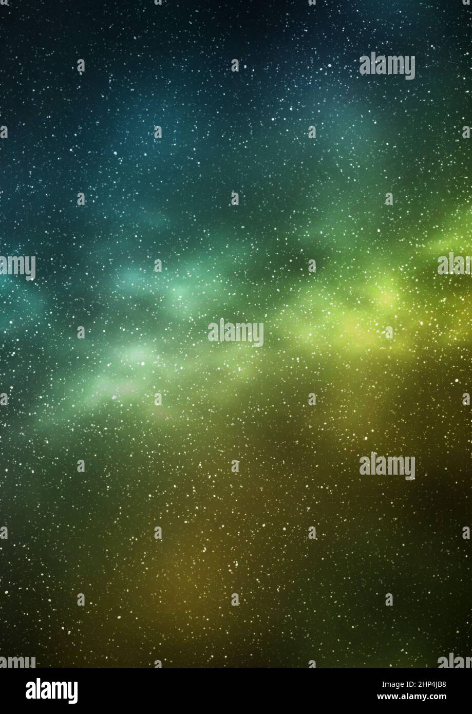 Night starry sky and bright yellow green galaxy, vertical background ...