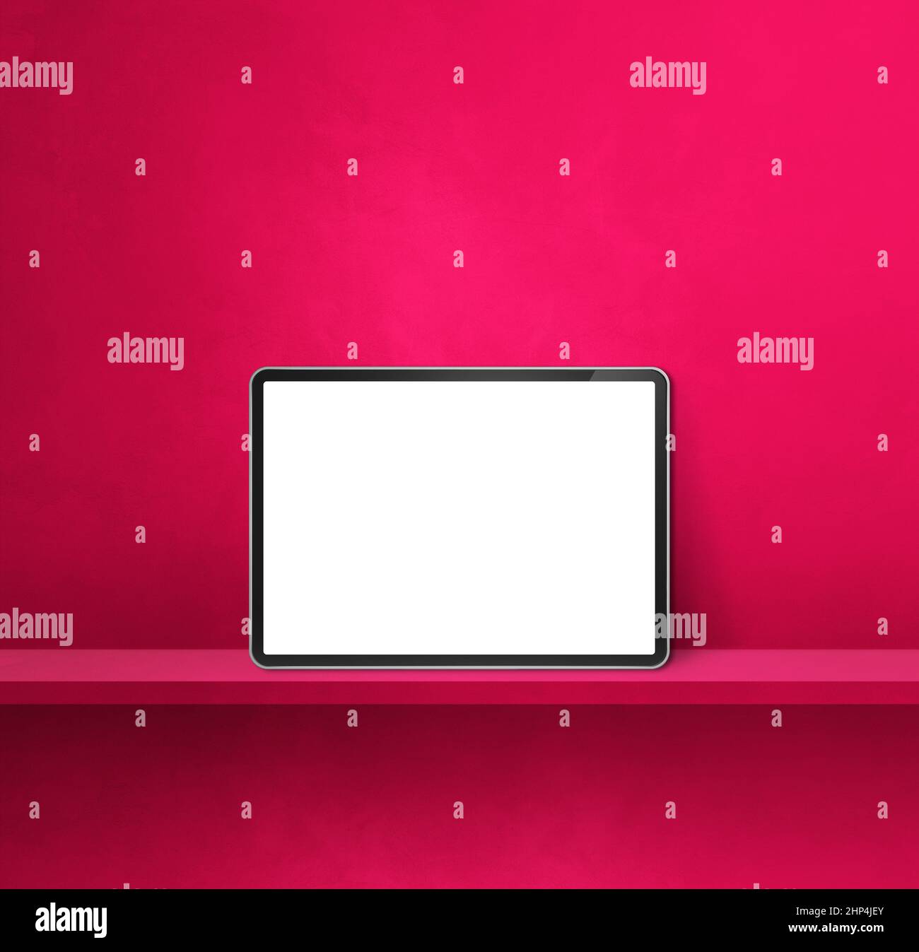 Digital tablet pc on pink wall shelf. Square background banner. 3D ...
