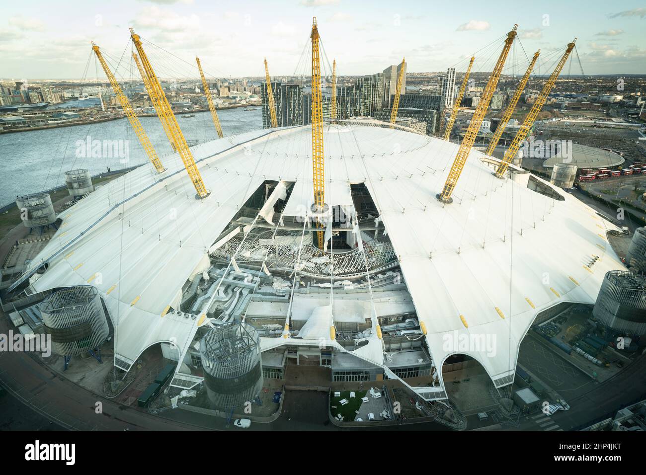 Damage to the roof of the O2 Arena, in south east London, caused by ...