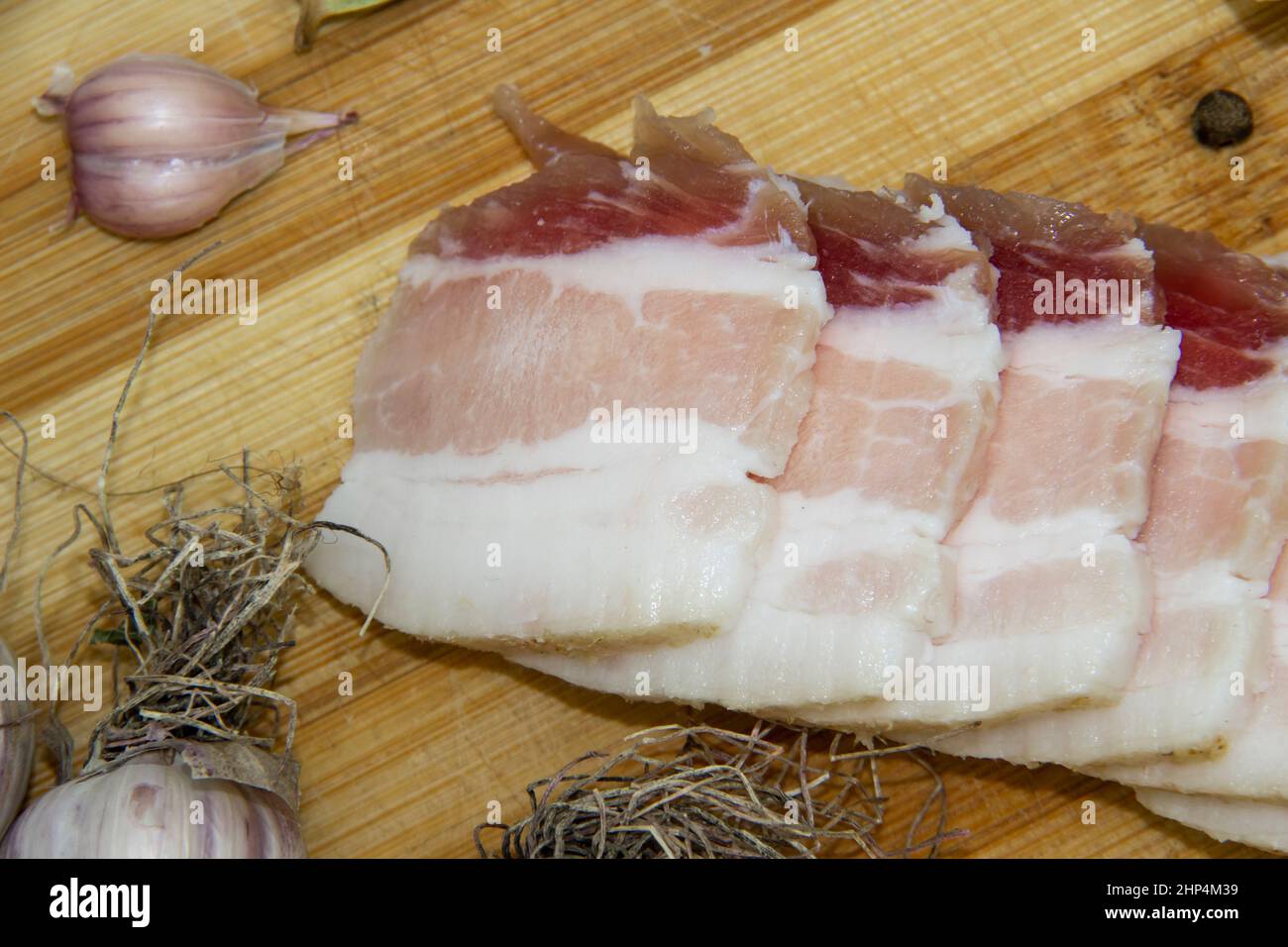 Ukrainian traditional food concept with white bread. Ukrainian raw lard ...