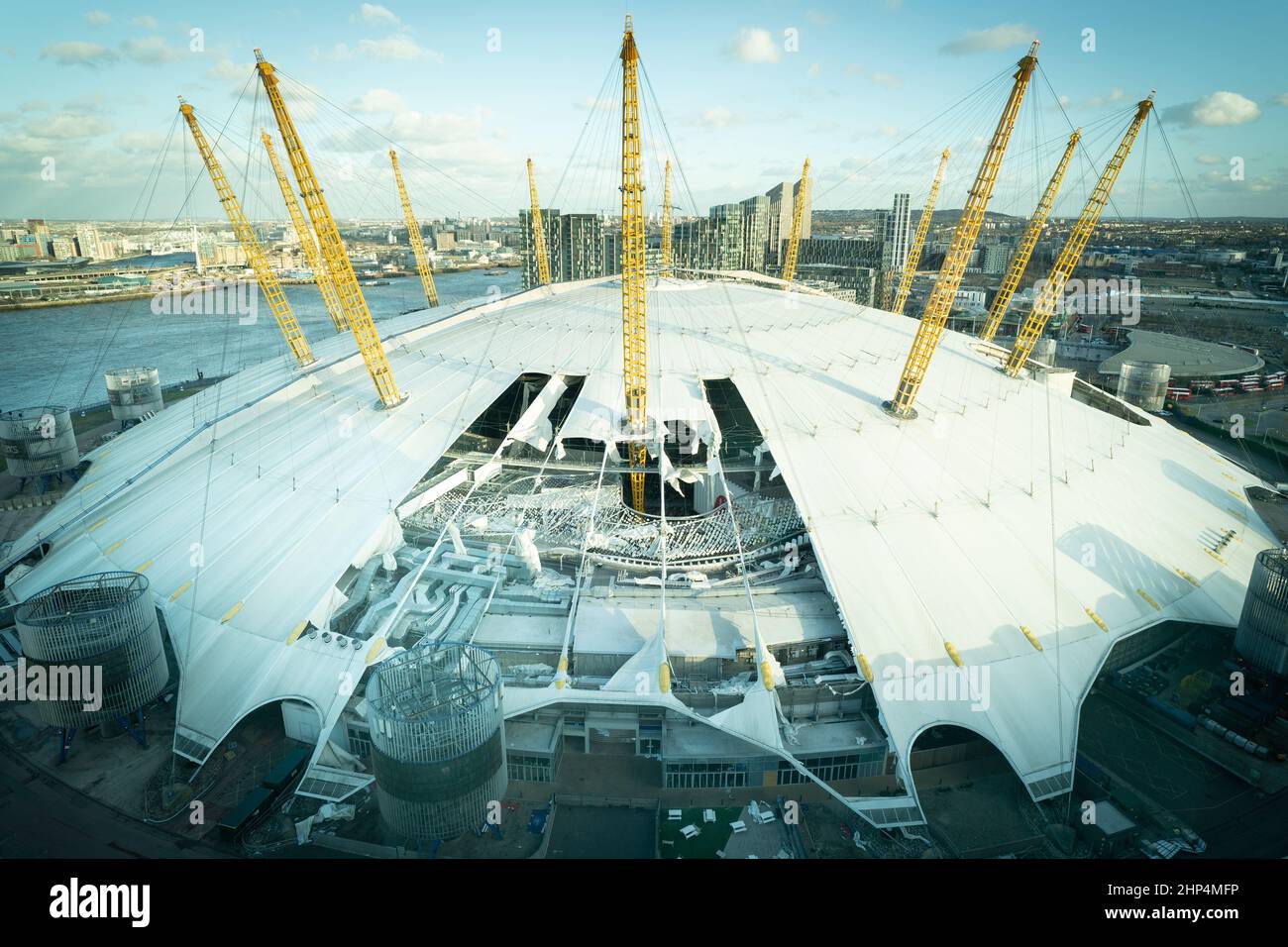 Damage to the roof of the O2 Arena, in south east London, caused by ...
