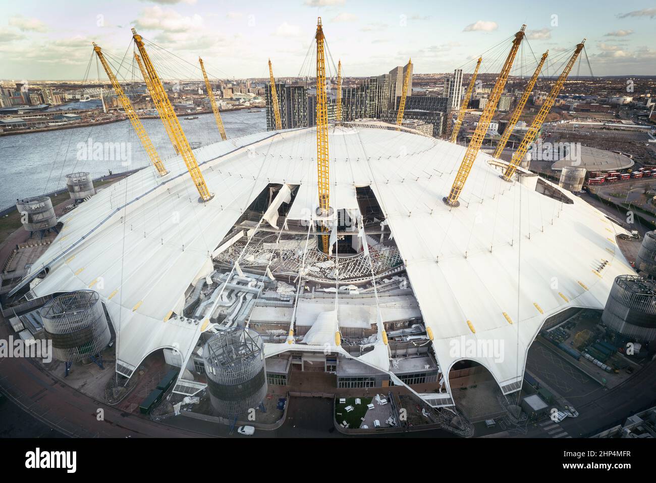 Damage to the roof of the O2 Arena, in south east London, caused by ...
