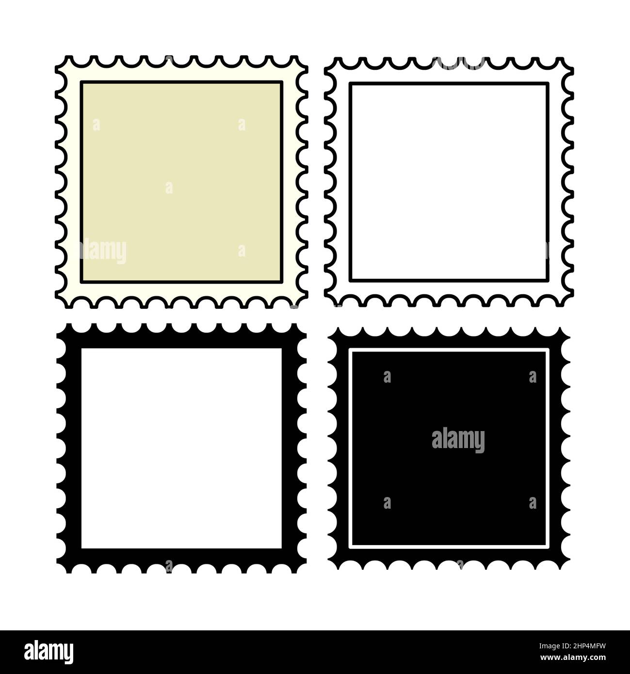 Blank postage stamp set. Outline, silhouette and yellow color postmark ...