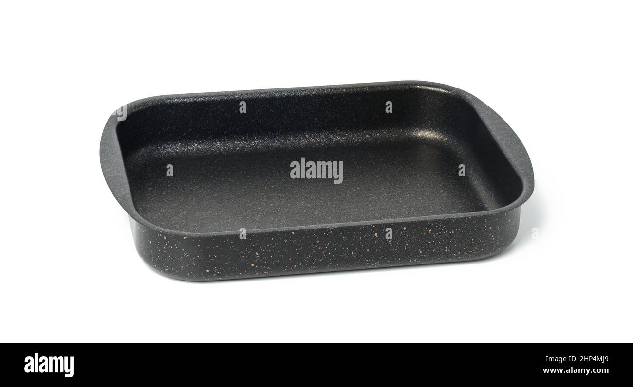 empty black rectangular non-stick oven tray isolated on white ...