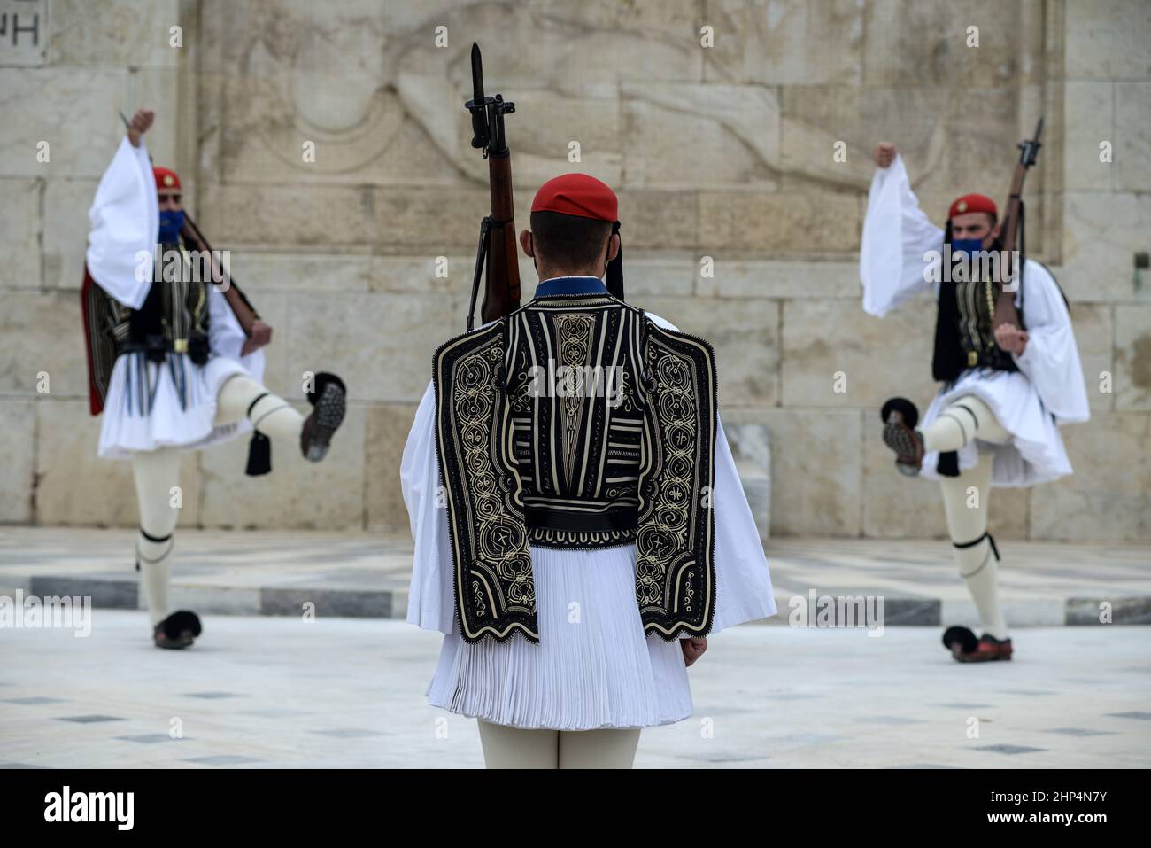 Greek Evzones (Presidential Guards) during the changing of the guards at the Tomb of the Unknown ...