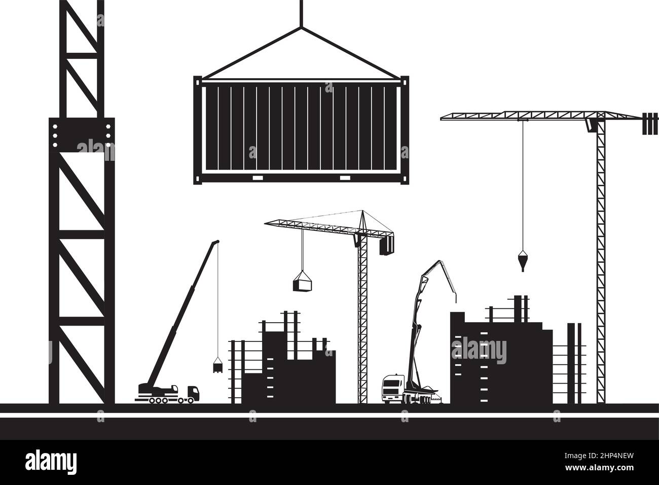 Crane lifting container on construction site – vector illustration ...