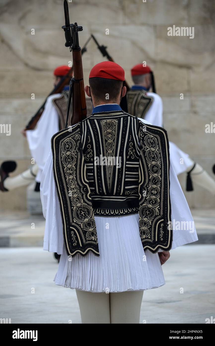 Greek Evzones (Presidential Guards) during the changing of the guards ...