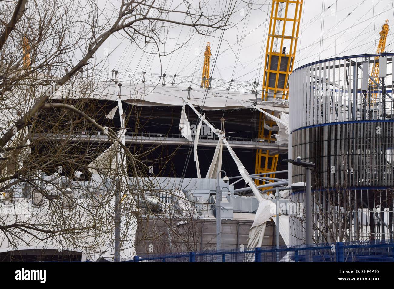 London, UK. 18th February 2022. Storm Eunice destroys part of the O2 ...