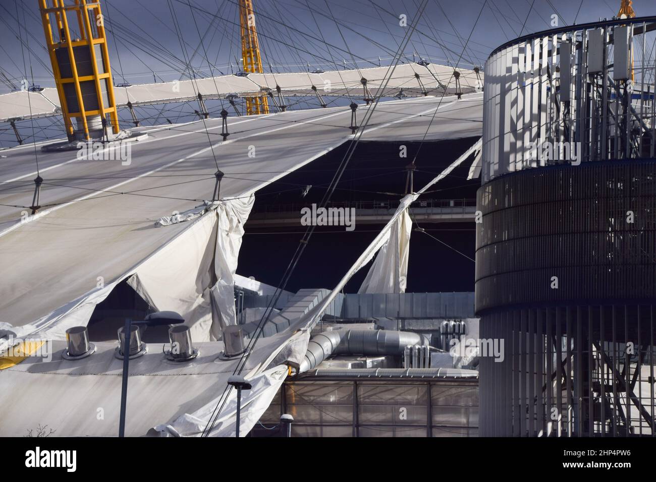 London, UK. 18th February 2022. Storm Eunice destroys part of the O2 ...