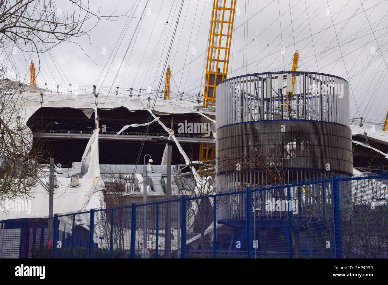 London, UK. 18th February 2022. Storm Eunice destroys part of the O2 ...
