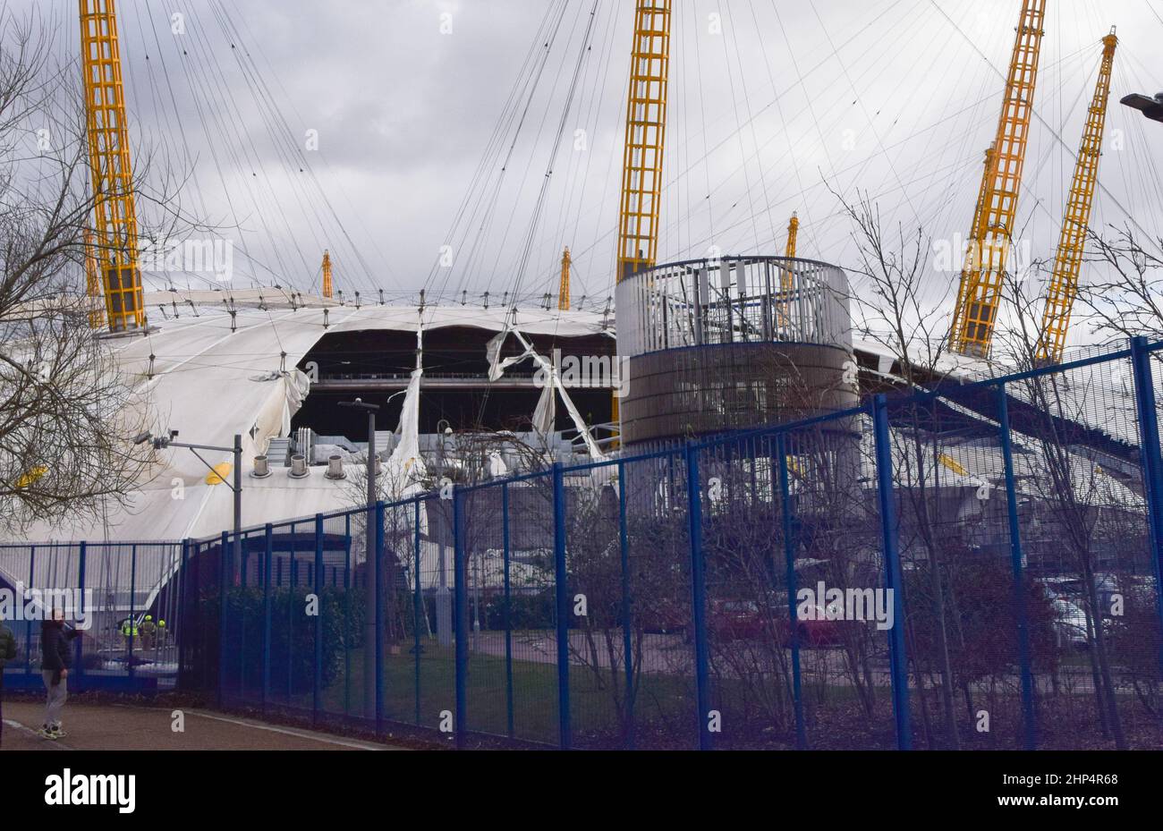 London, UK. 18th February 2022. Storm Eunice destroys part of the O2 ...