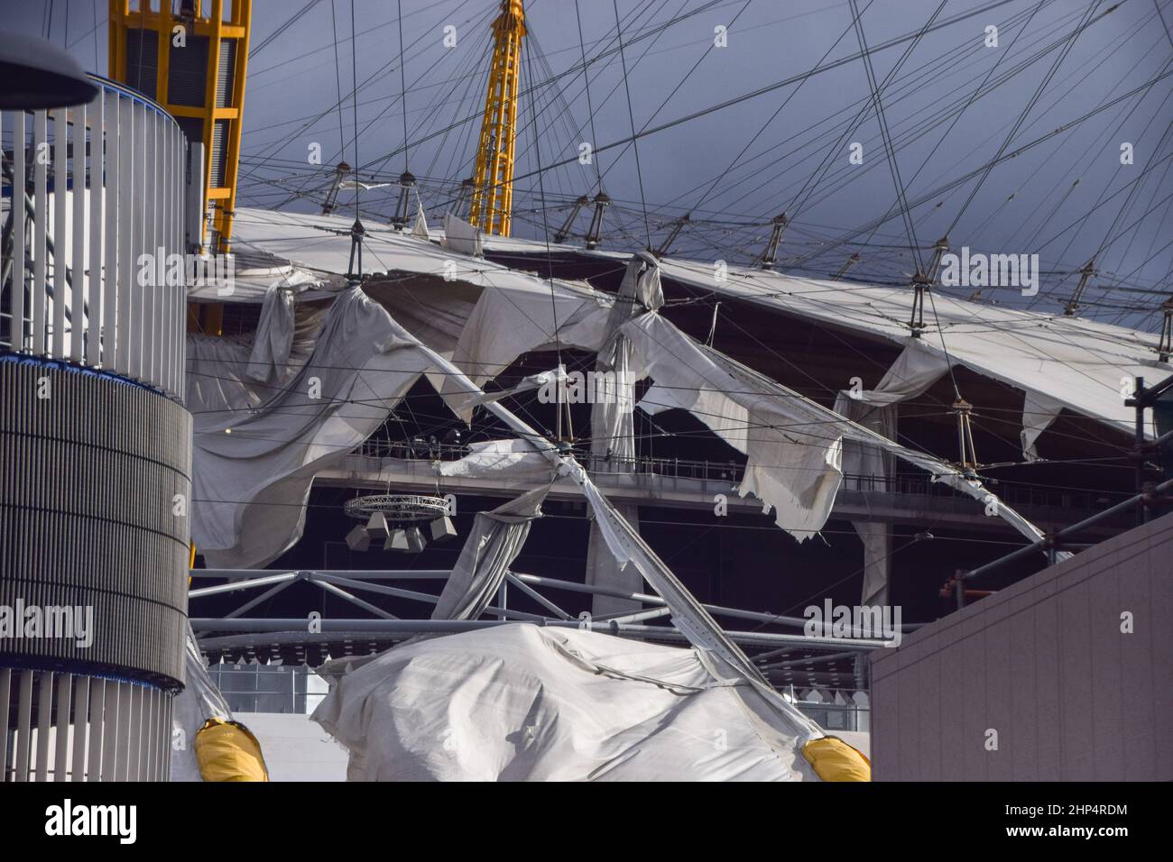 London, UK. 18th February 2022. Storm Eunice destroys part of the O2 ...
