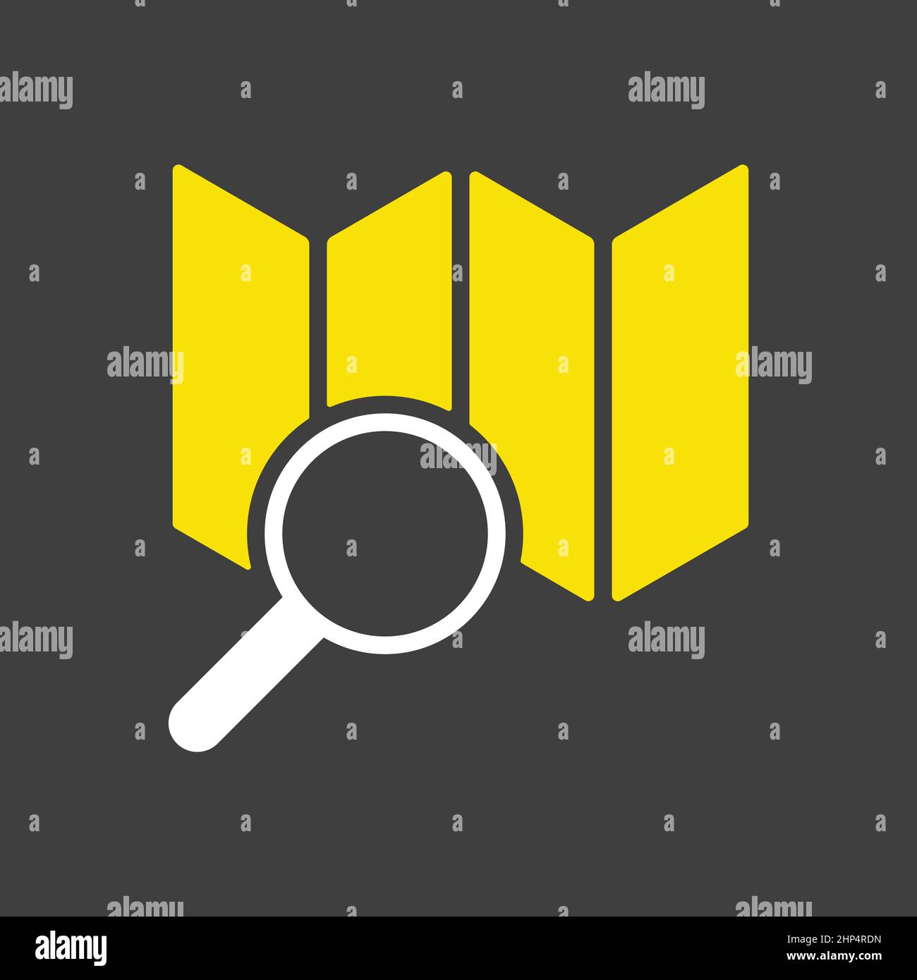Map with magnifier vector icon on dark background. Navigation sign ...