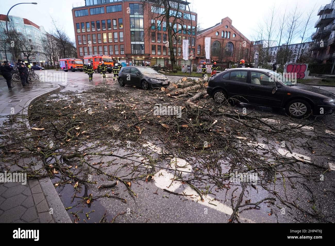 Hamburg, Germany. 18th Feb, 2022. Firefighters cut and transport a ...