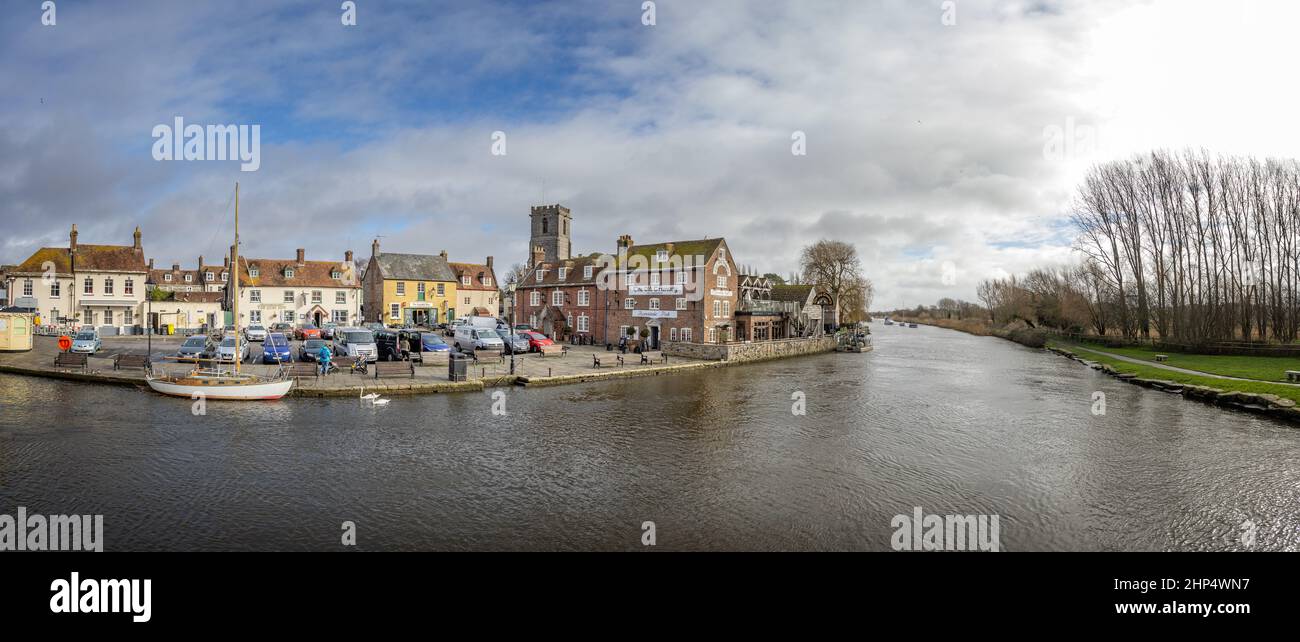Panoramic view of the Old Granary Pub and the River Frome at the Quay ...