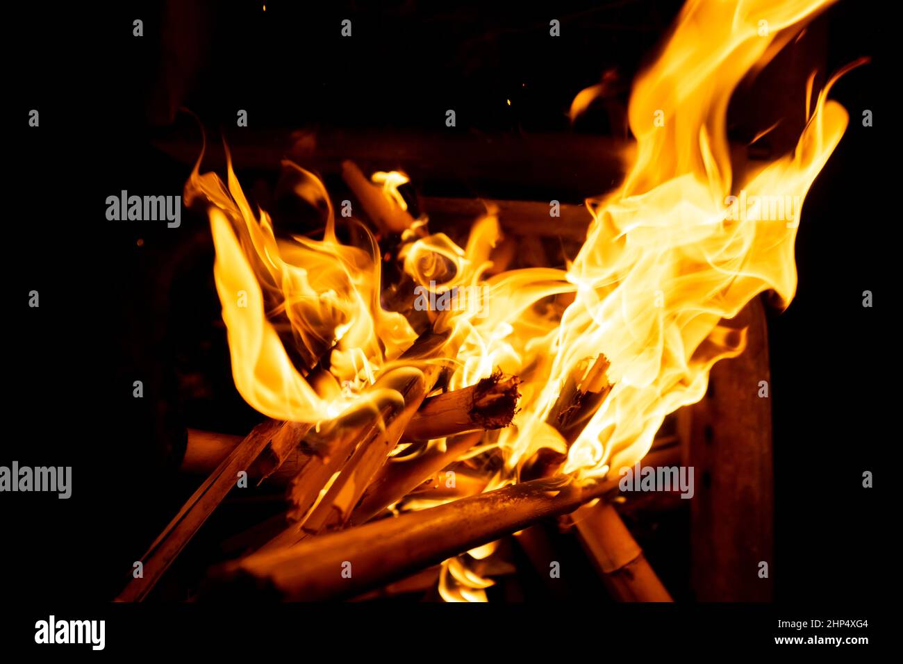 Beautiful formation of fire created by burning some dry reeds forming ...