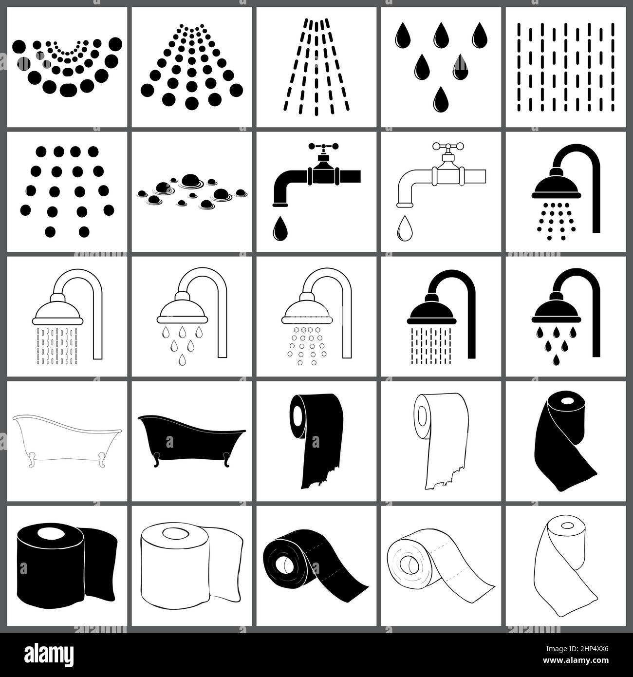 Bathroom silhouette outline symbol set. Black shape of water drop and ...