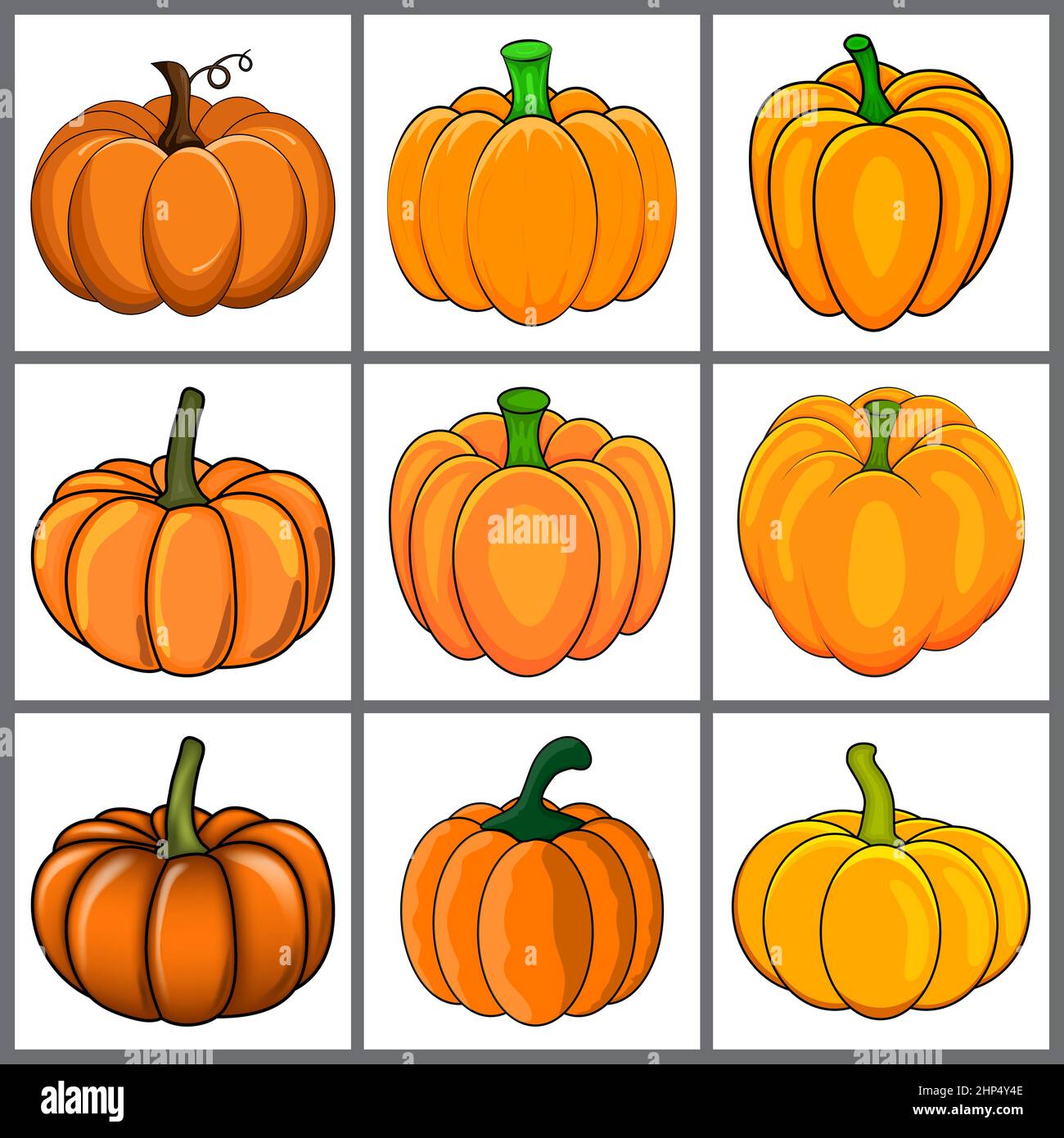 Pumpkin icon set for autumn. Halloween cartoon orange vegetable design ...