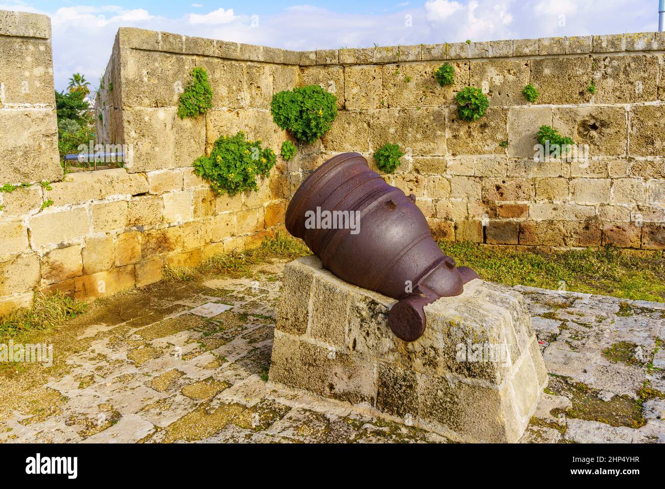 View of an old bombard gun, and the land wall promenade, in the old ...