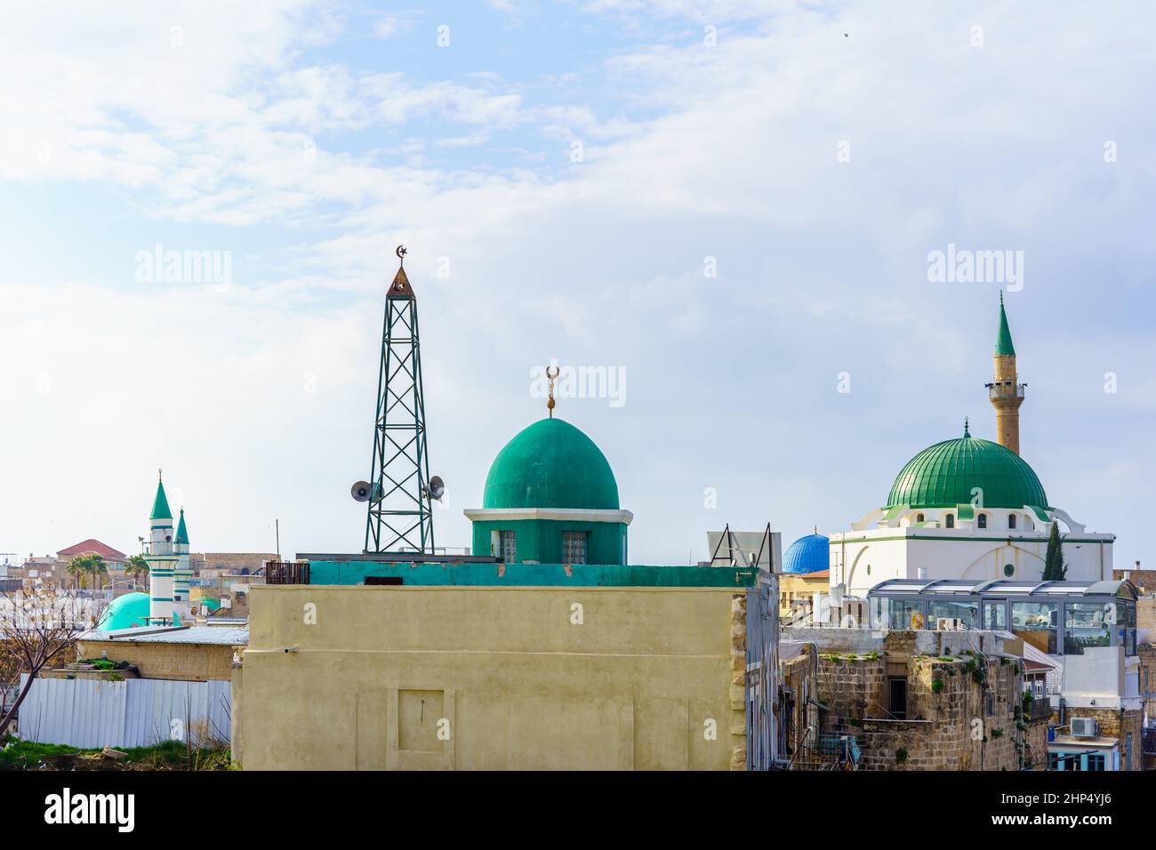 Rooftop view of the old city, with various mosques, in Acre (Akko ...