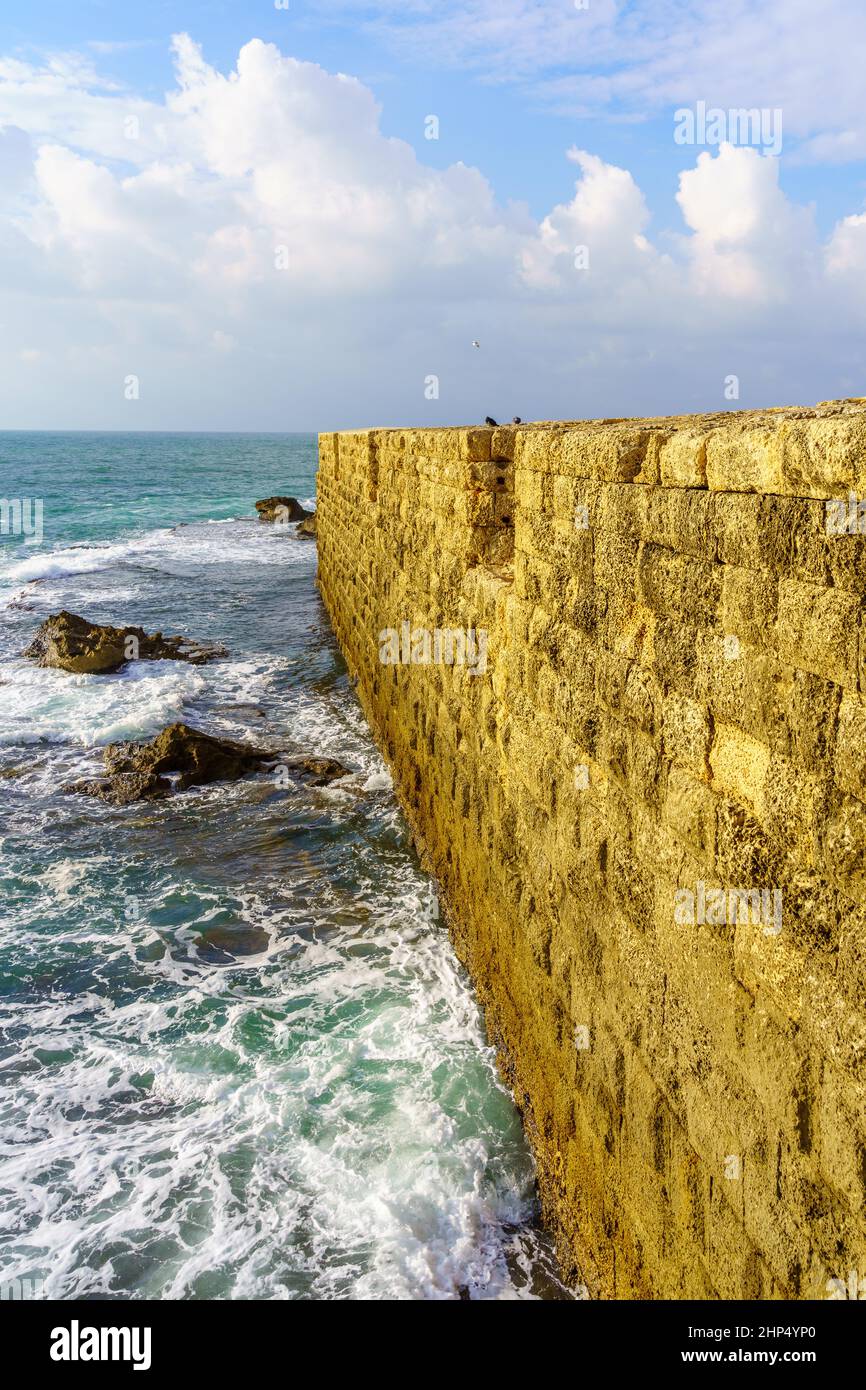 View of the Sea Wall, in the old city of Acre (Akko), Northern Israel ...