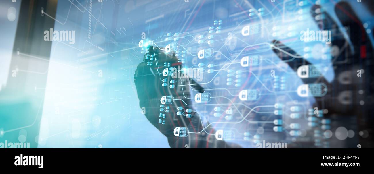Blockchain technology concept with diagram of chain and encrypted ...