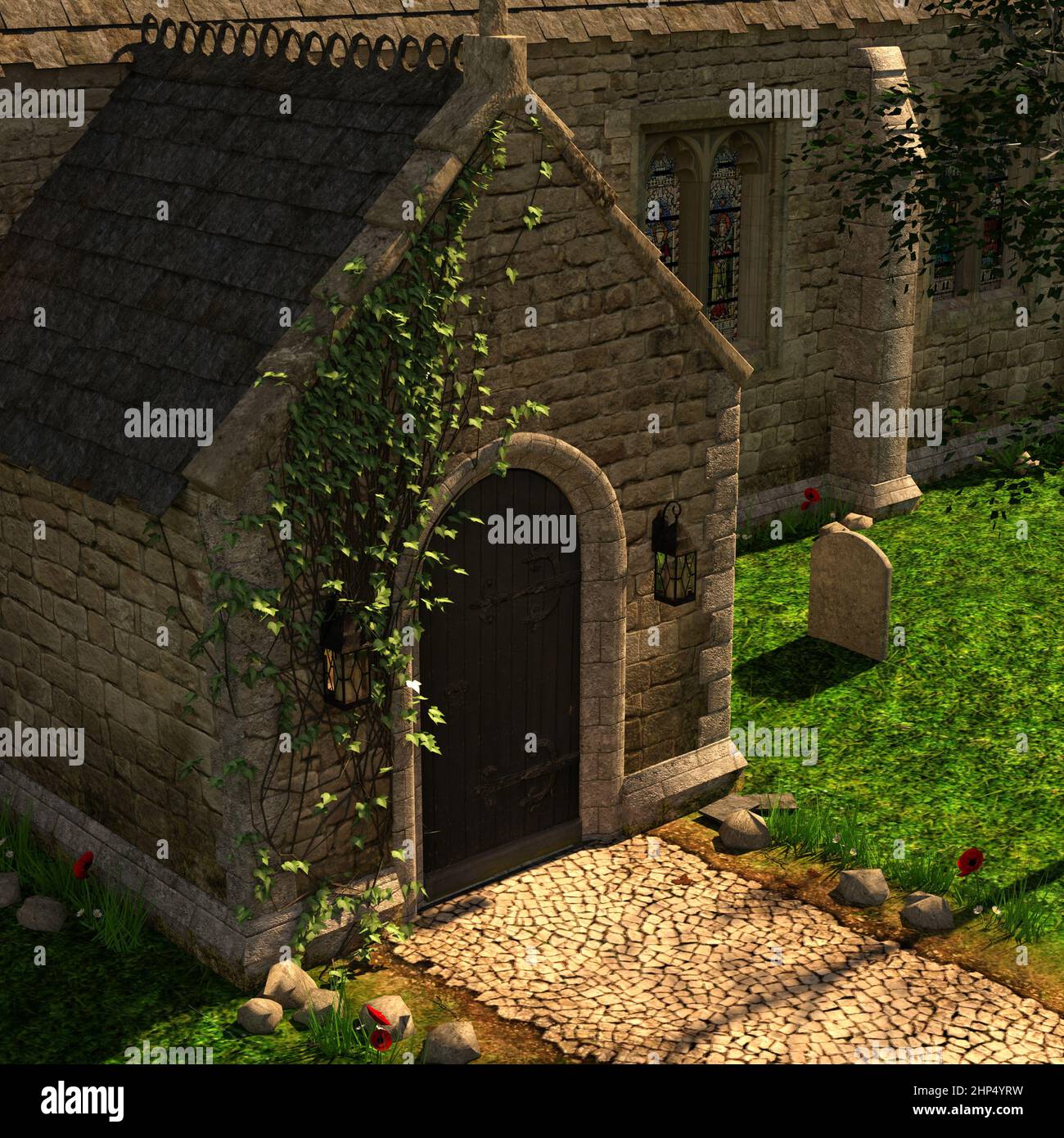 3d illustration of a fantasy church with graveyard Stock Photo - Alamy