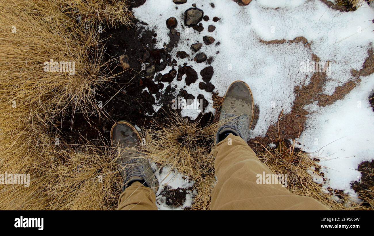 Top view of man's feet in wet sneakers on a grassy land with melting ...