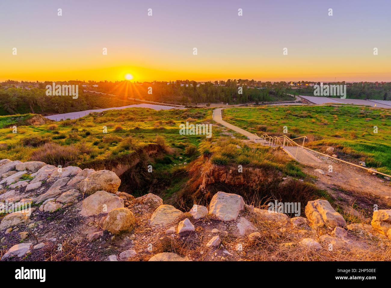 Sunset view of ancient ruins and countryside in Tel Lachish, the ...